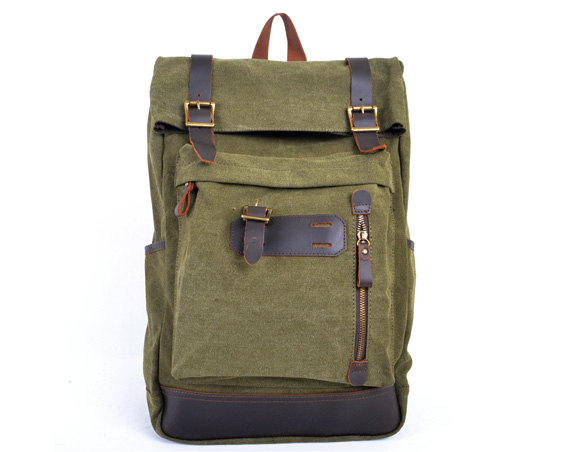Army Green Canva Backpacks Canvas-leather Backpacks School Backpack on ...