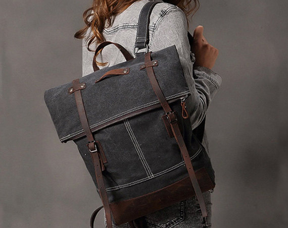 Black- Gray Canva Backpacks Canvas-leather Backpacks School Backpack on ...