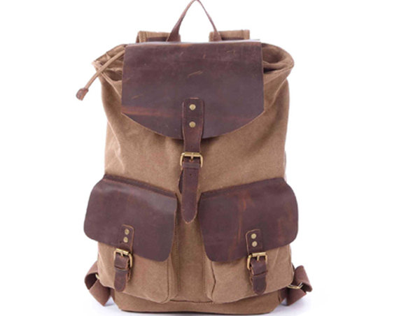 Handmade Leather Canvas Backpacks Khaki Canvas Backpacks Student Canvas ...